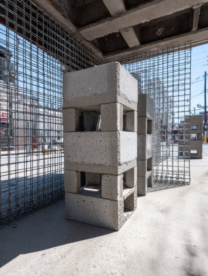 Concrete Blocks Arranged with Steel Mesh Backdrop in Urban Construction ...