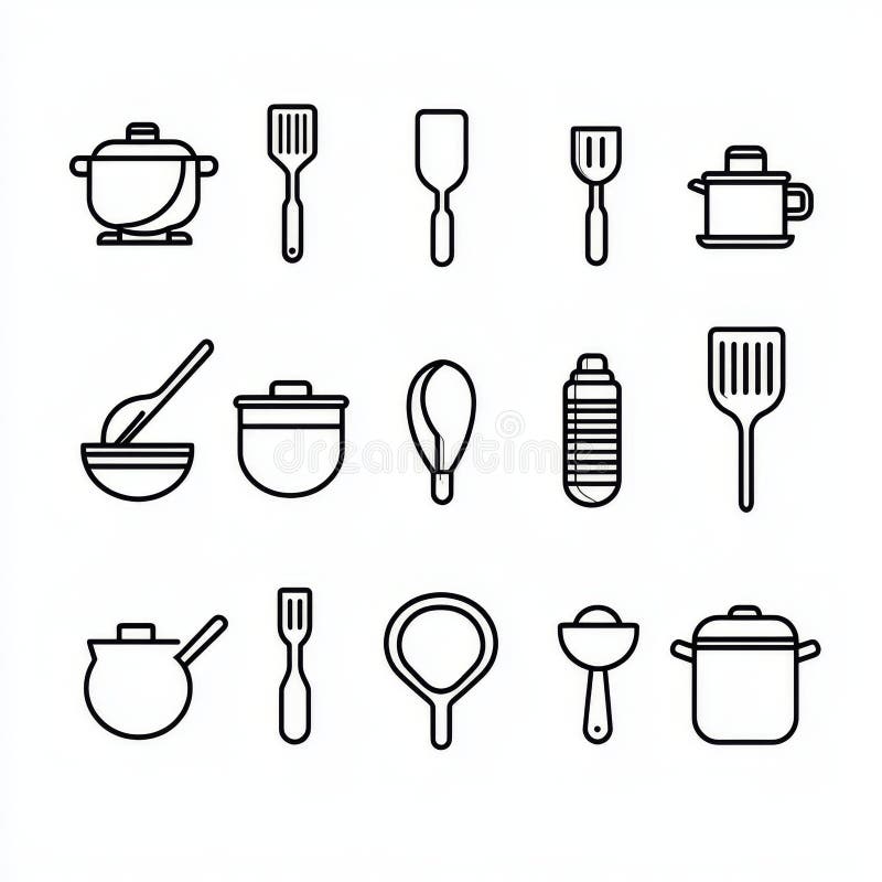 A Selection of Cooking Utensils and Kitchenware Symbols, Featuring Pots ...