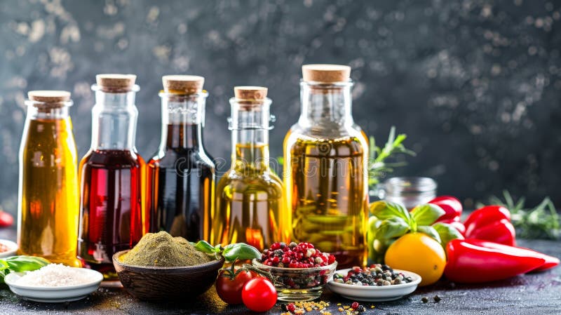 Variety of Cooking Oils and Spices on Rustic Table Stock Image - Image ...