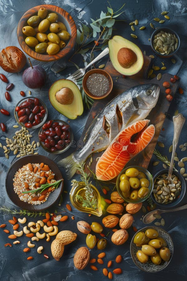 A Selection of Different Foods Including Fish, Nuts, and Olives Stock ...