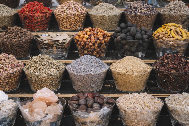 Selection of Different Fragrant Spices on Store Counter. Stock Photo ...