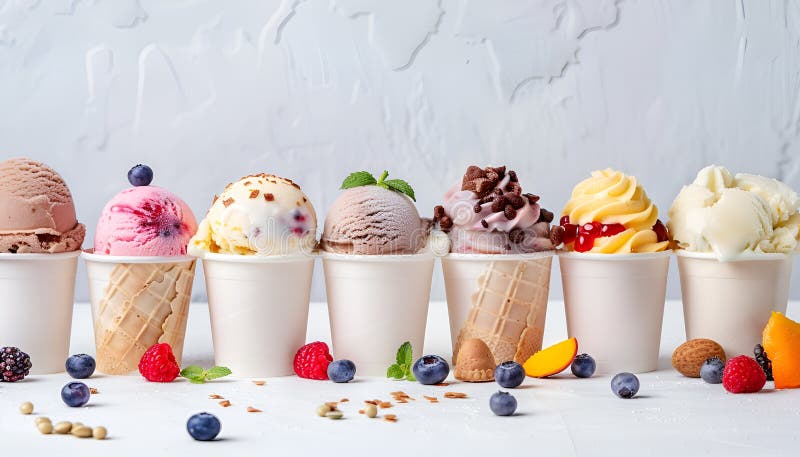 Selection of Different Rolled Ice Creams in Cone Cups Stock Image ...