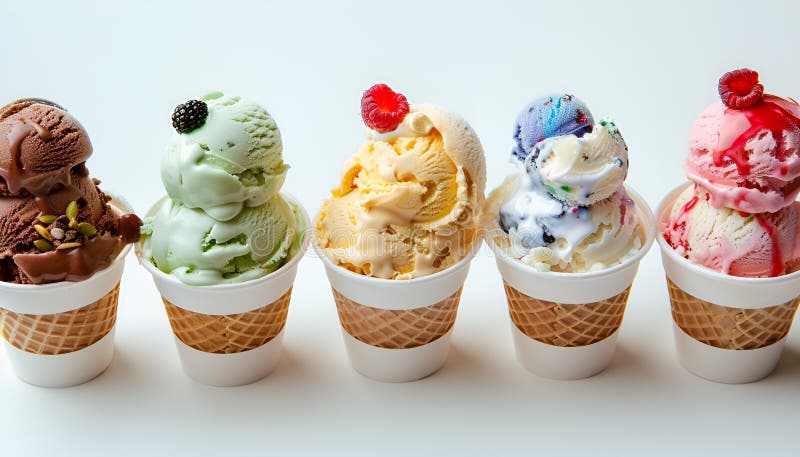 Selection of Different Rolled Ice Creams in Cone Cups Stock Image ...