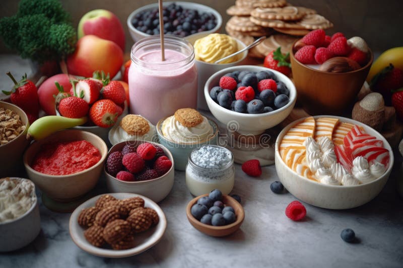 Selection of Different Types of Food on White Table Stock Photo - Image ...