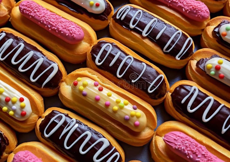 Selection of Eclairs with Cream and Various Candy Toppings.Macro.AI ...