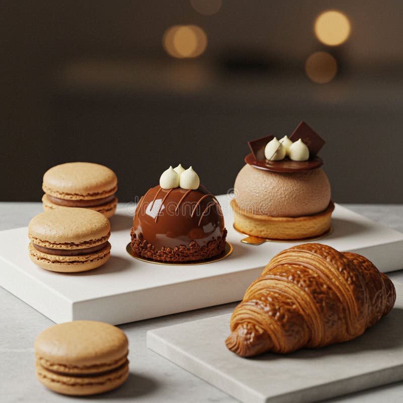 A Selection of Elegant Pastries on Display Includes a Group of Beige ...