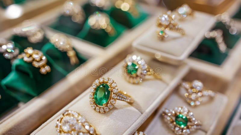 Emerald and Diamond Rings in a Display Case Stock Photo - Image of ...
