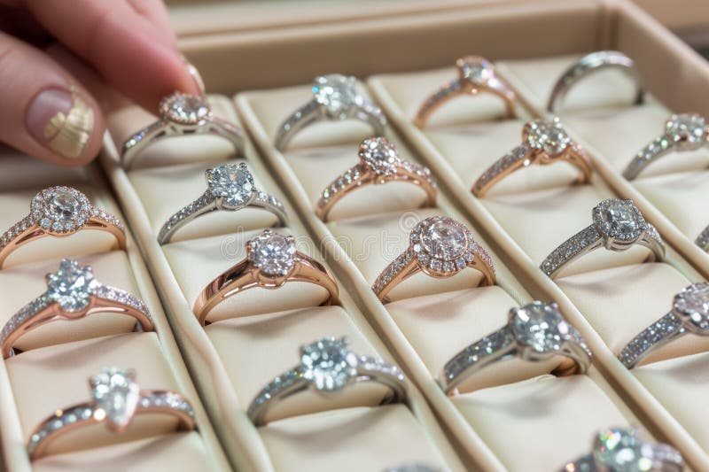Selection of Engagement Rings with Jewelers Hand Stock Photo - Image of ...
