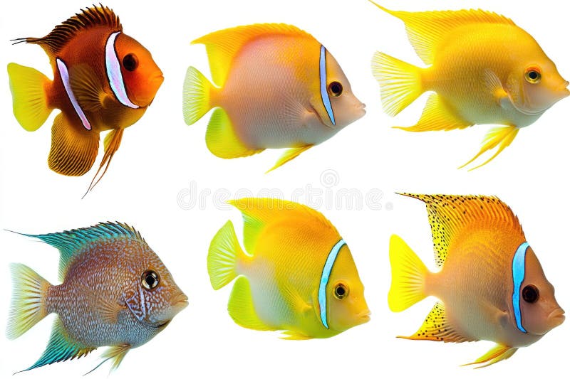 A Selection of Fish Species Swimming Together on a White Background ...