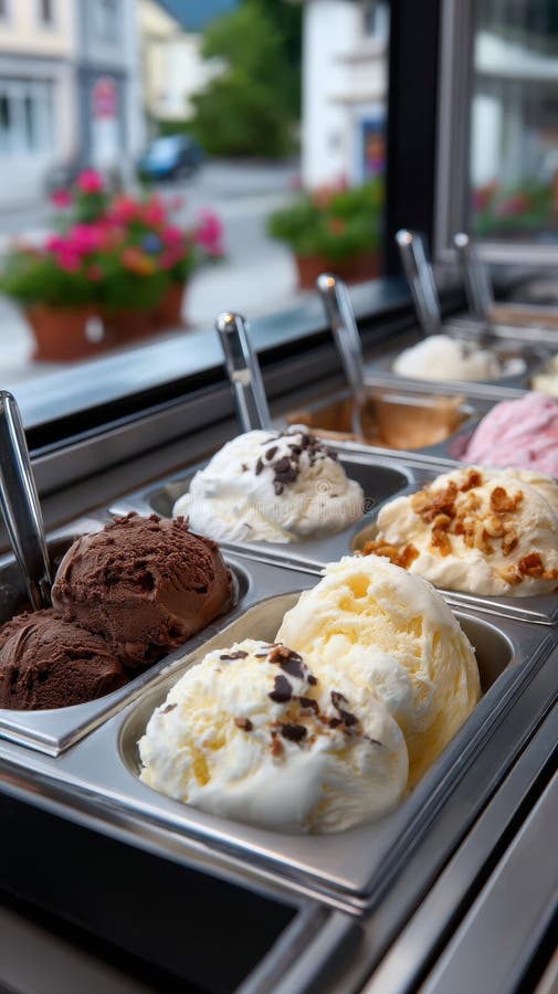 Selection of Flavored Ice Cream in Metal Trays with Scoops in a Shop ...