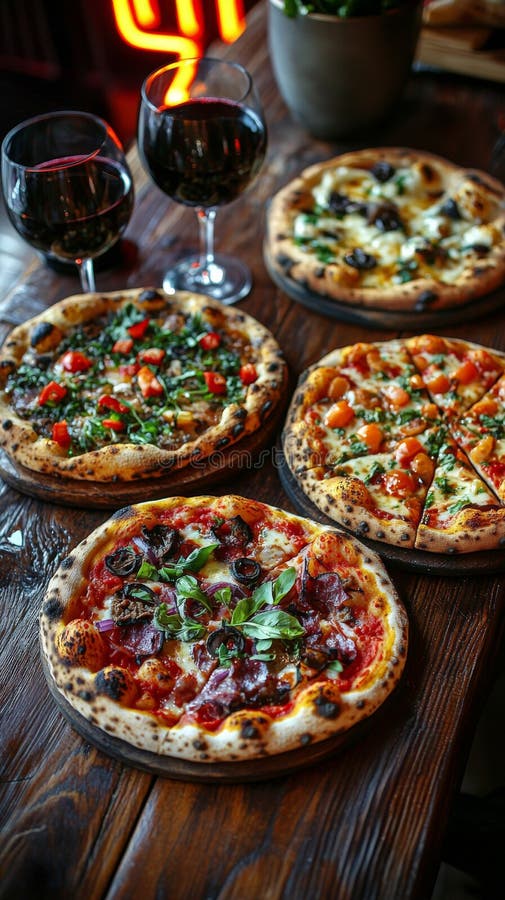 Four Delicious Pizza Varieties Presented on a Wooden Table with Red ...