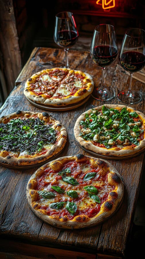 Four Delicious Pizza Varieties Presented on a Wooden Table with Red ...
