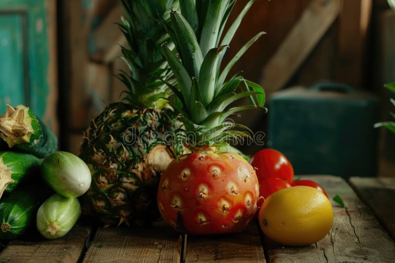 A Selection of Fresh Fruits and Vegetables Displayed on a Table Stock ...