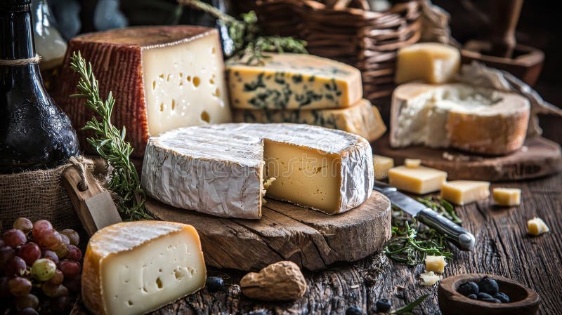 Selection of Gourmet Cheese Varieties on a Rustic Table Stock Image ...