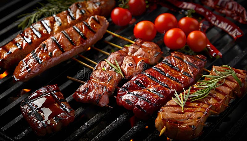Selection of Grilled Gourmet Meats on a Rustic Timber Board. Stock ...
