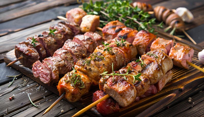 Selection of Grilled Gourmet Meats on a Rustic Timber Board. Stock ...