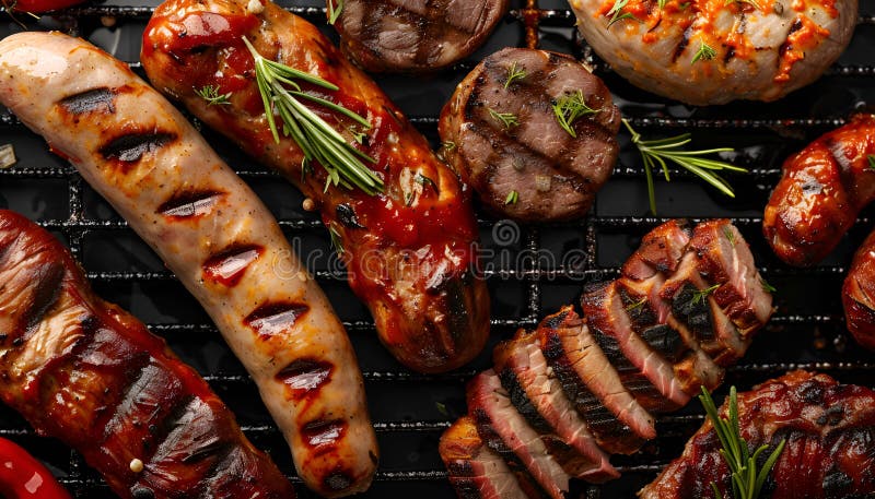 Selection of Grilled Gourmet Meats on a Rustic Timber Board. Stock ...