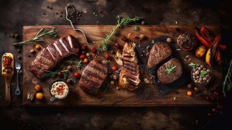 Selection of Grilled Gourmet Meats on Timber. Generative Ai Stock ...