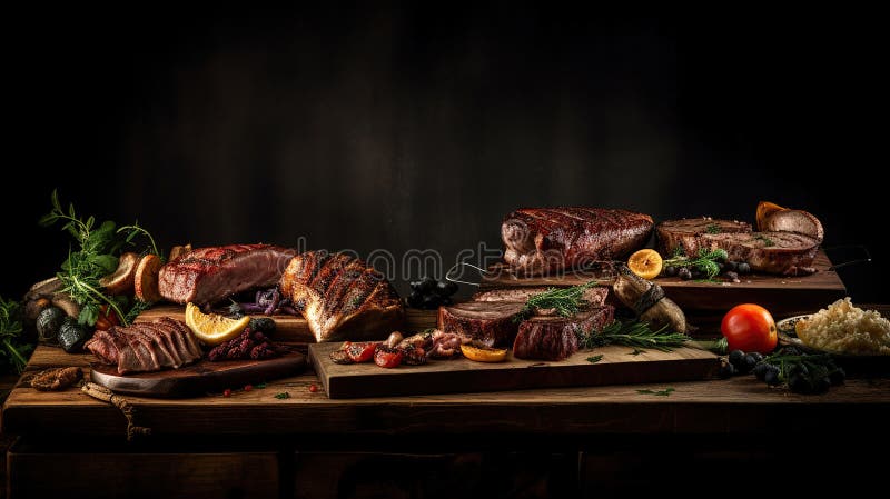 Selection of Grilled Gourmet Meats on Timber. Generative Ai Stock ...