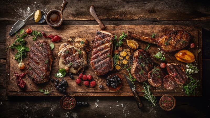 Selection of Grilled Gourmet Meats on Timber. Generative Ai Stock ...
