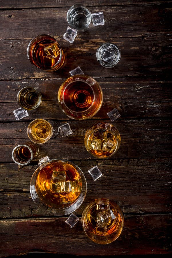 Selection of Hard Strong Alcoholic Drinks in Big Glasses and Small Shot ...