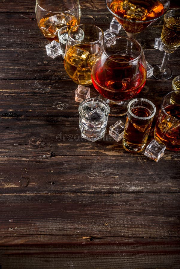 Selection of Hard Strong Alcoholic Drinks in Big Glasses and Small Shot ...