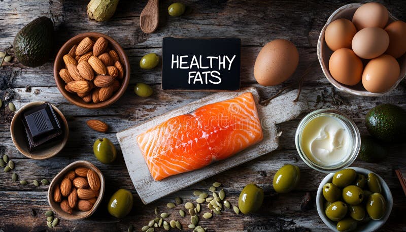 Selection of Healthy Fat Sources on Wooden Background. Top View Stock ...