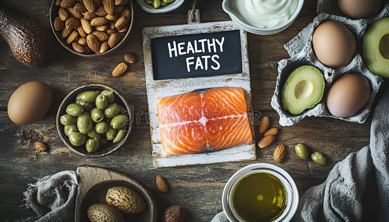 Selection of Healthy Fat Sources on Wooden Background. Top View Stock ...