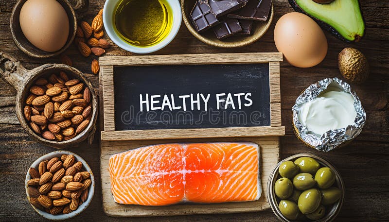 Selection of Healthy Fat Sources on Wooden Background. Top View Stock ...