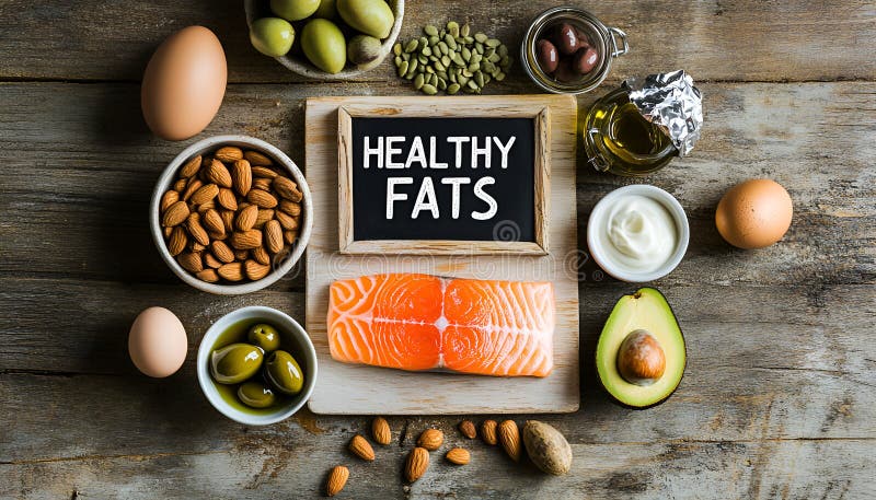 Selection of Healthy Fat Sources on Wooden Background. Top View Stock ...