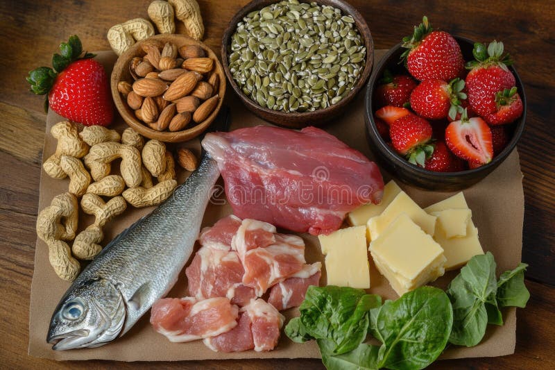 A Selection of Healthy Food Items on Display, Featuring Fish, Nuts ...