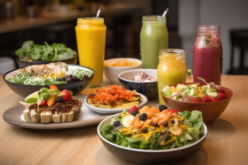 Selection of Healthy Foods in Cafe, Including Smoothies and Salads ...