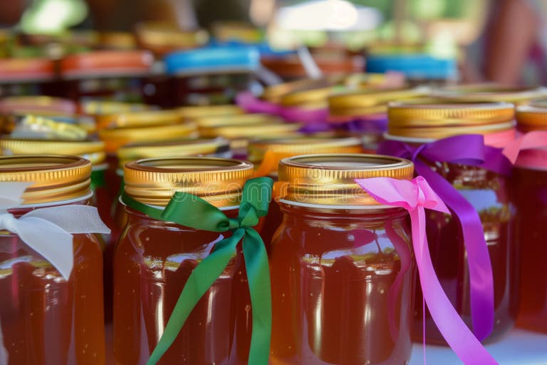 Selection of Honey Jars with Different Colored Ribbons at Stall Stock ...