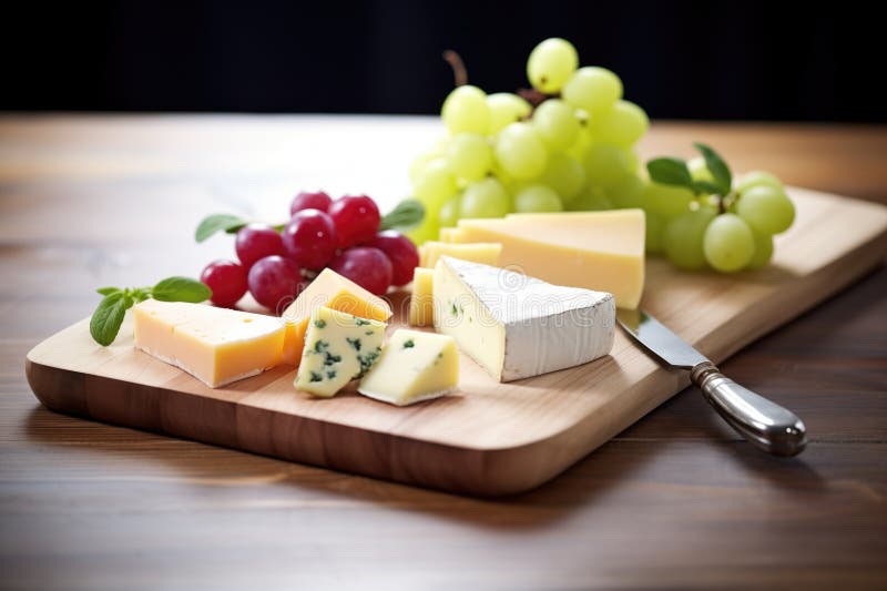Selection of Italian Cheeses on a Wooden Board with Grapes Stock Photo ...