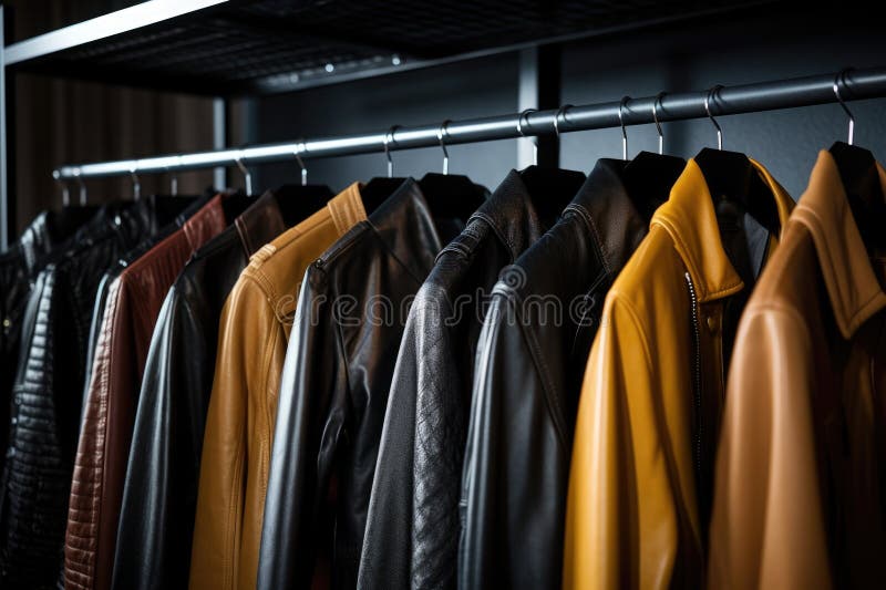 A Selection of Leather Jackets Hanging on a Sleek Rack Stock Image ...