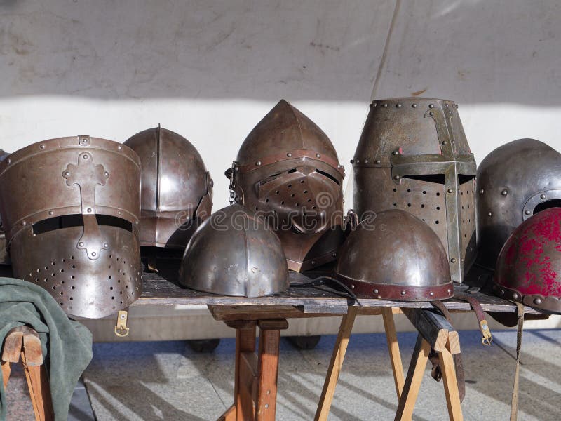 Selection of Medieval Armour for Head Protection Stock Photo - Image of ...