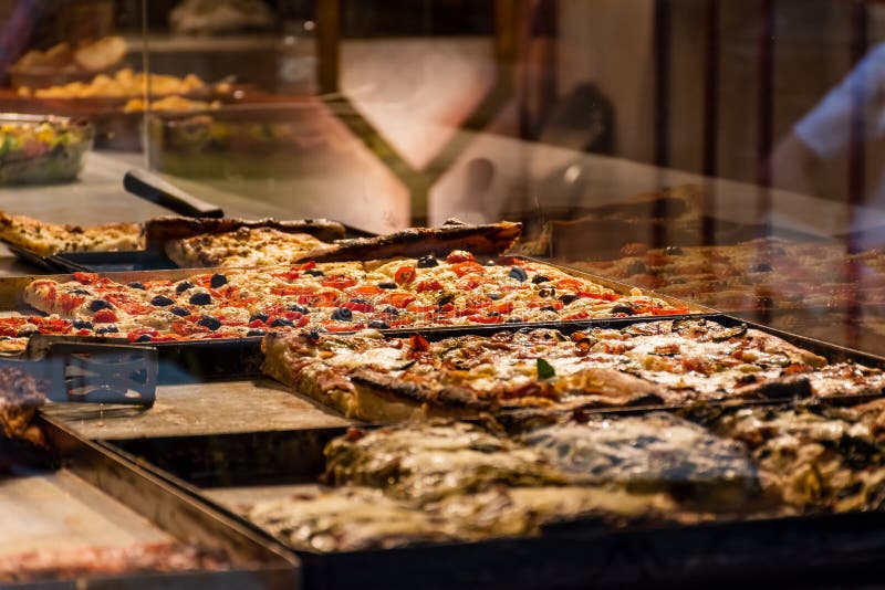 Selection of Neapolitan Pizza in a Restaurant Display Window, Close Up ...