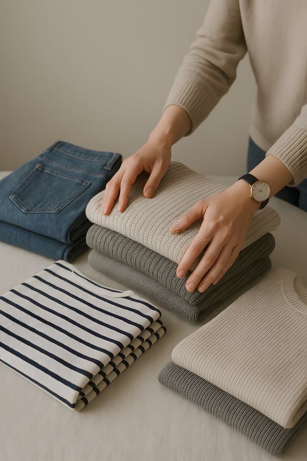 Organized Folded Clothes and Jeans on White Surface with Hands and ...