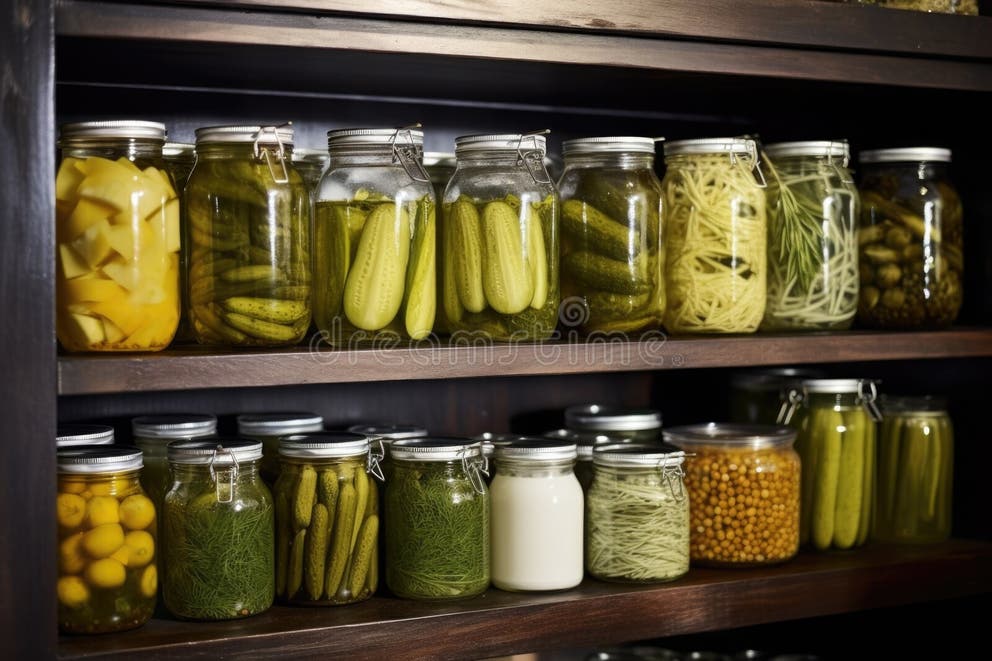 A Selection of Pickles in Glass Jars on a Shelf Stock Image - Image of ...