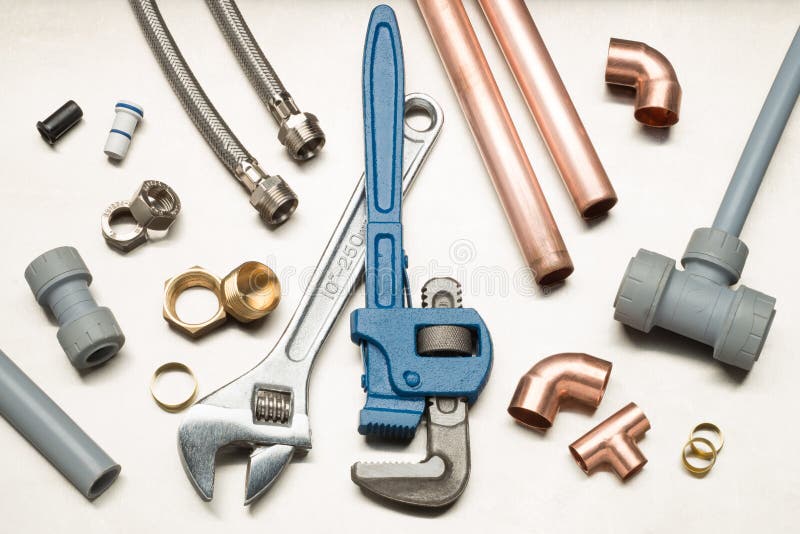 Selection of Plumbers Tools and Plumbing Materials Stock Photo - Image ...