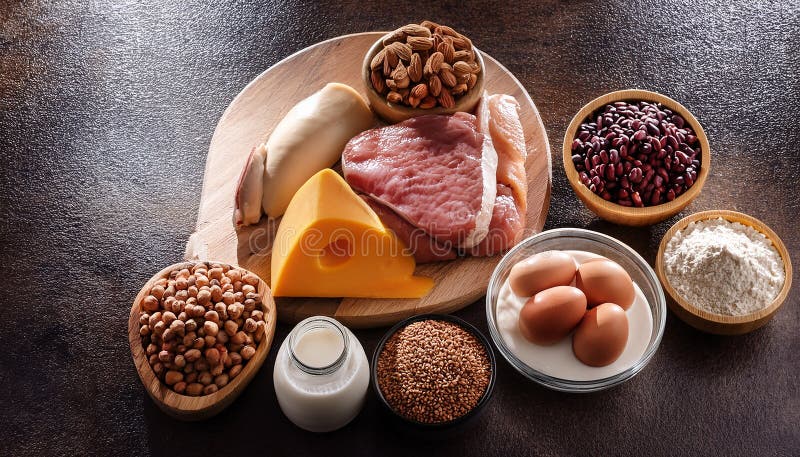 Selection of Protein Sources in Kitchen Background, Closeup Stock ...