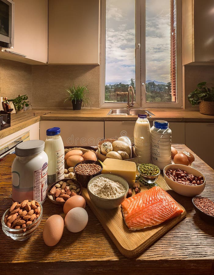 Selection of Protein Sources in Kitchen Background, Closeup Stock ...