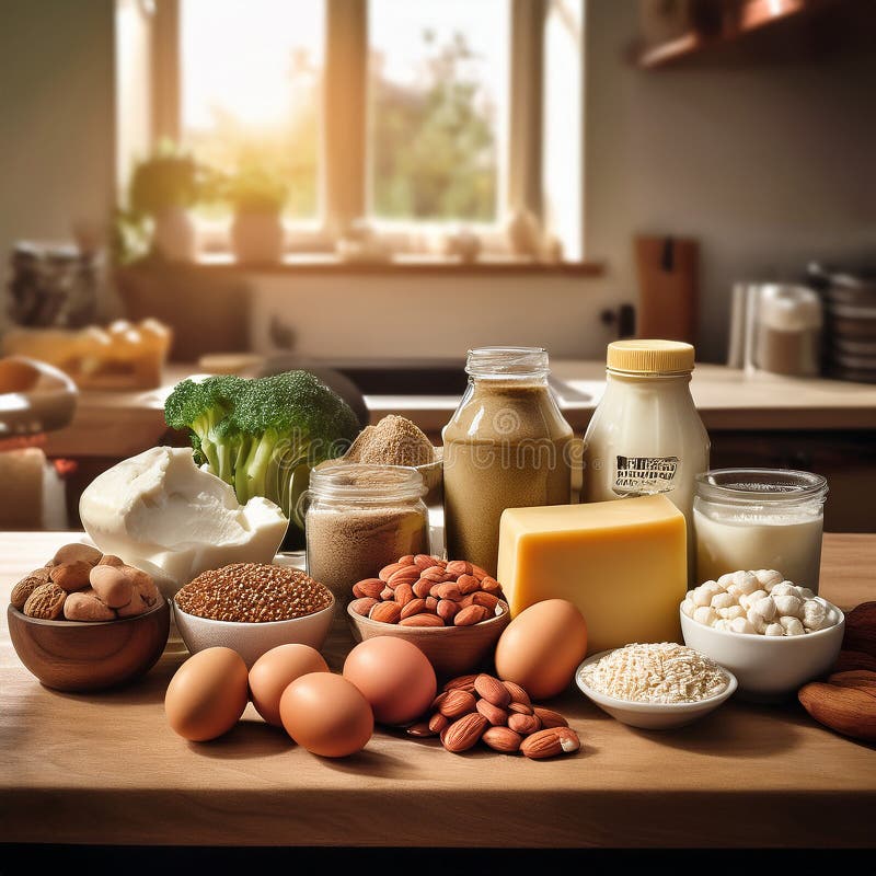 Selection of Protein Sources in Kitchen Background, Closeup Stock ...