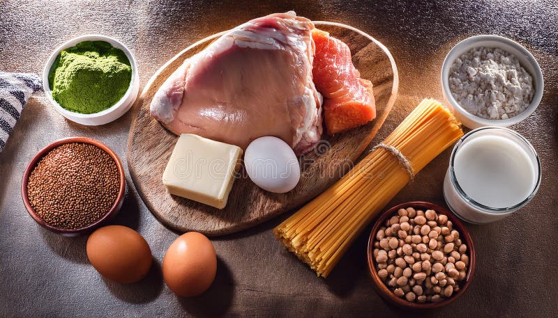 Selection of Protein Sources in Kitchen Background, Closeup Stock ...