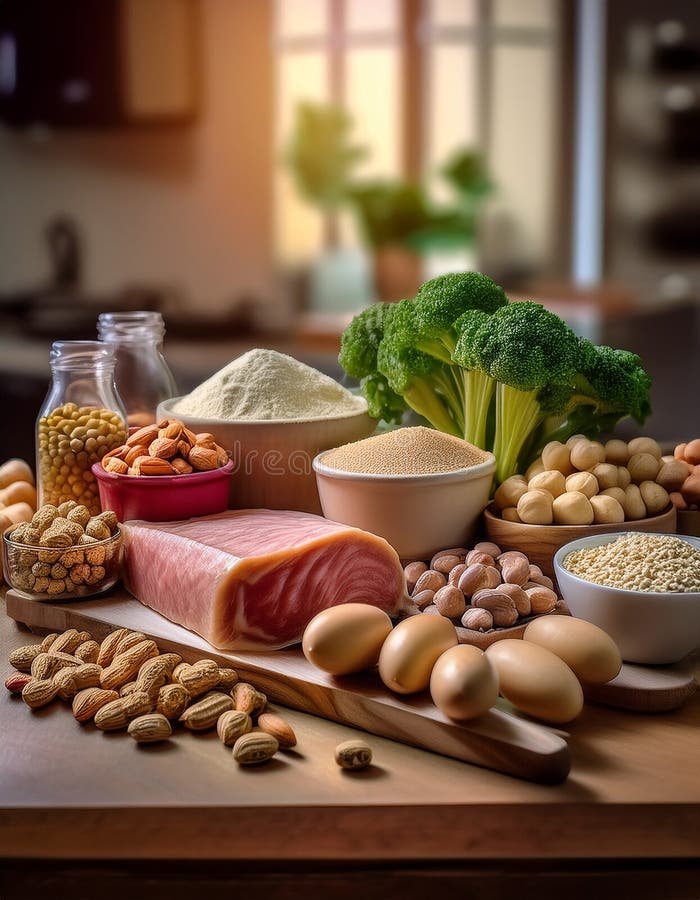 Selection of Protein Sources in Kitchen Background, Closeup Stock ...