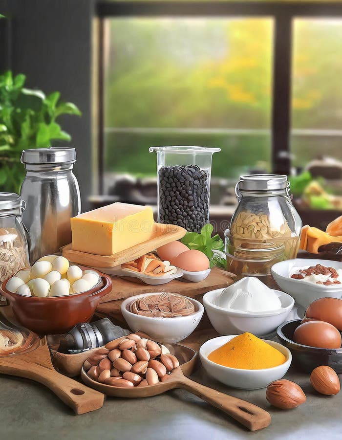 Selection of Protein Sources in Kitchen Background, Closeup Stock ...