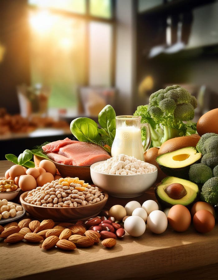 Selection of Protein Sources in Kitchen Background, Closeup Stock ...