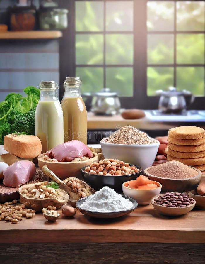 Selection of Protein Sources in Kitchen Background, Closeup Stock ...