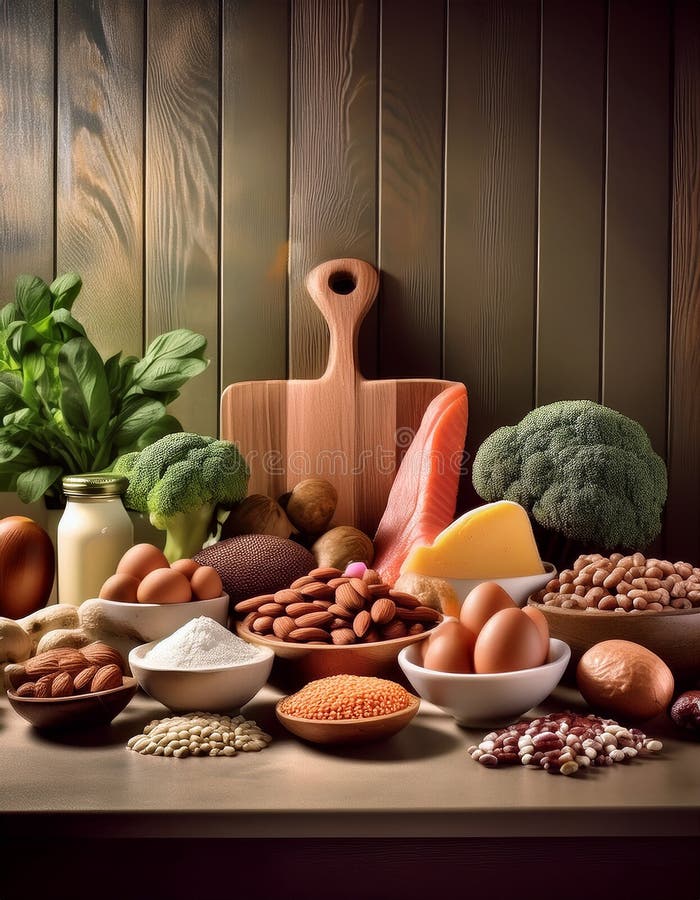 Selection of Protein Sources in Kitchen Background, Closeup Stock ...