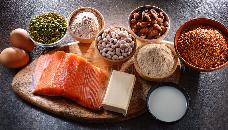 Selection of Protein Sources in Kitchen Background, Closeup Stock ...